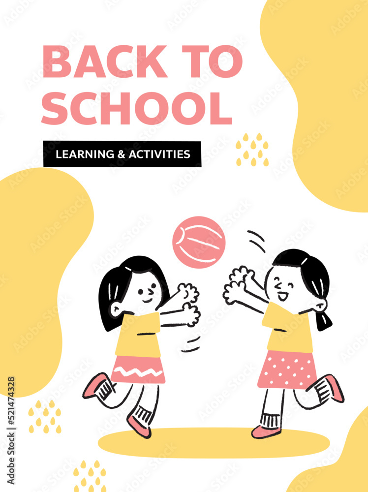 template cover back to school two kids playing ball line art hand draw ...