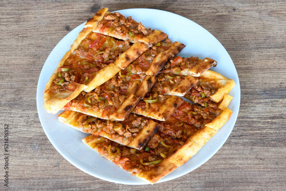 Turkish pita with minced cubed meat and cheese (Turkish name: Kiyma ...