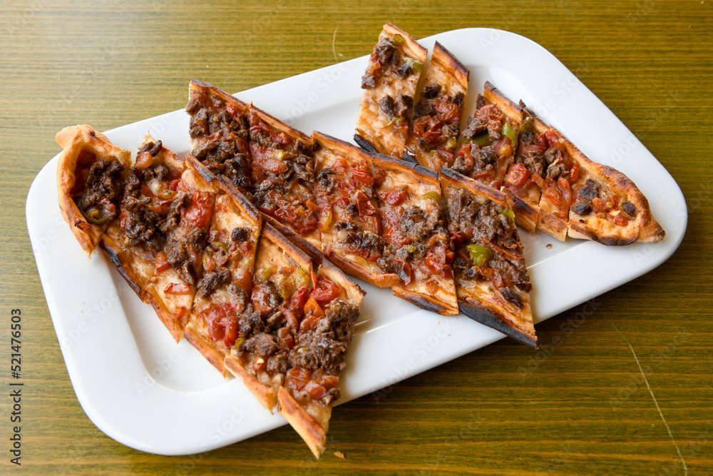 Turkish pita with minced cubed meat and cheese (Turkish name: Kiyma ...
