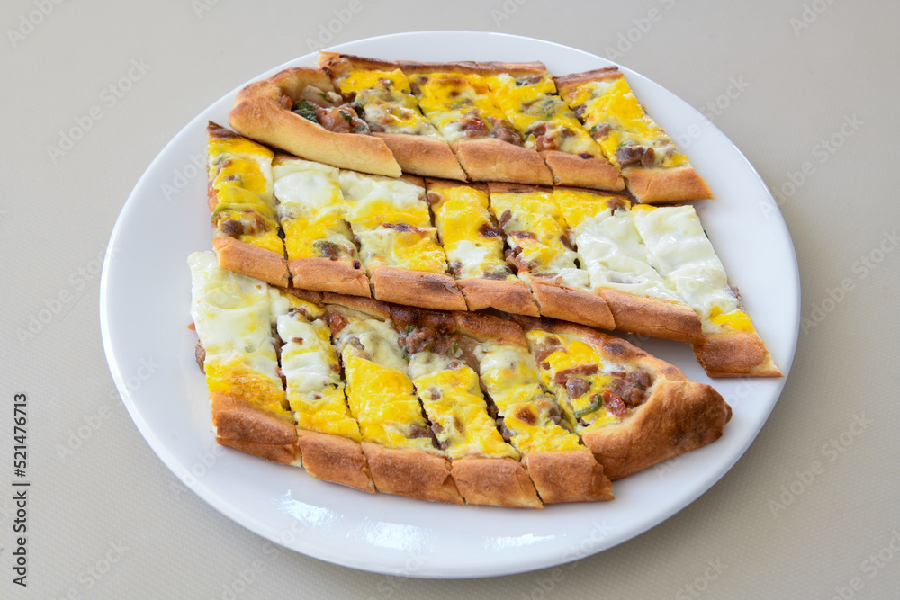 Turkish pita with minced cubed meat and cheese (Turkish name: Kiyma ...