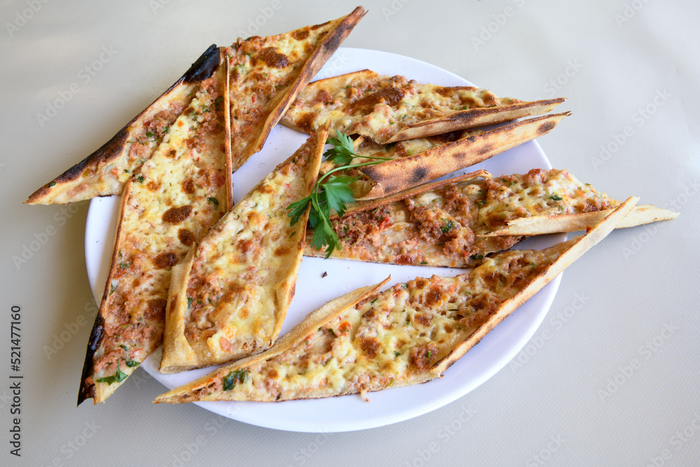 Turkish pita with minced cubed meat and cheese (Turkish name: Kiyma ...