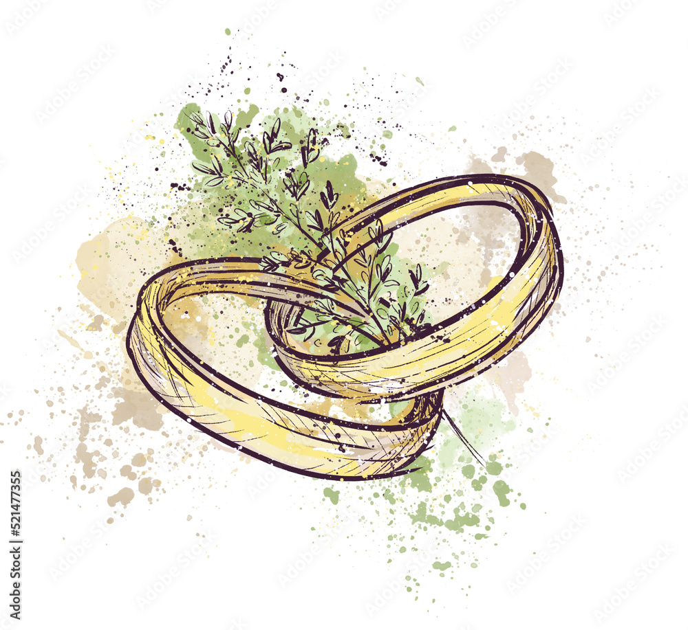 Two gold rings, a watercolor sketch. A pair of wedding rings in vintage ...