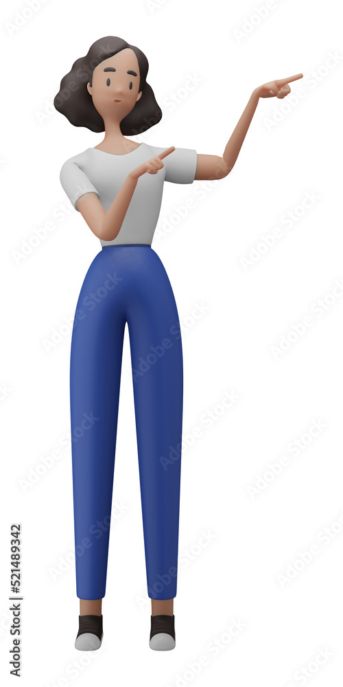3D character woman pose pointing product Isolated white background ...