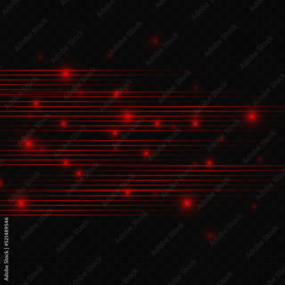 Bright red rays of light, lines with dust and sparks on a transparent ...