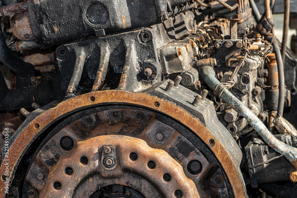 Old engine with rusty parts, close up. Stock Photo | Adobe Stock