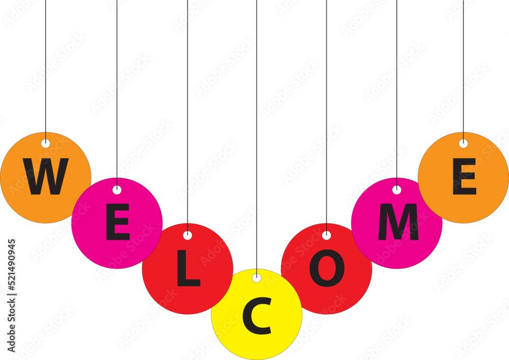 Banderín colgados con círculos de colores con la palabra Welcome. Icono ...