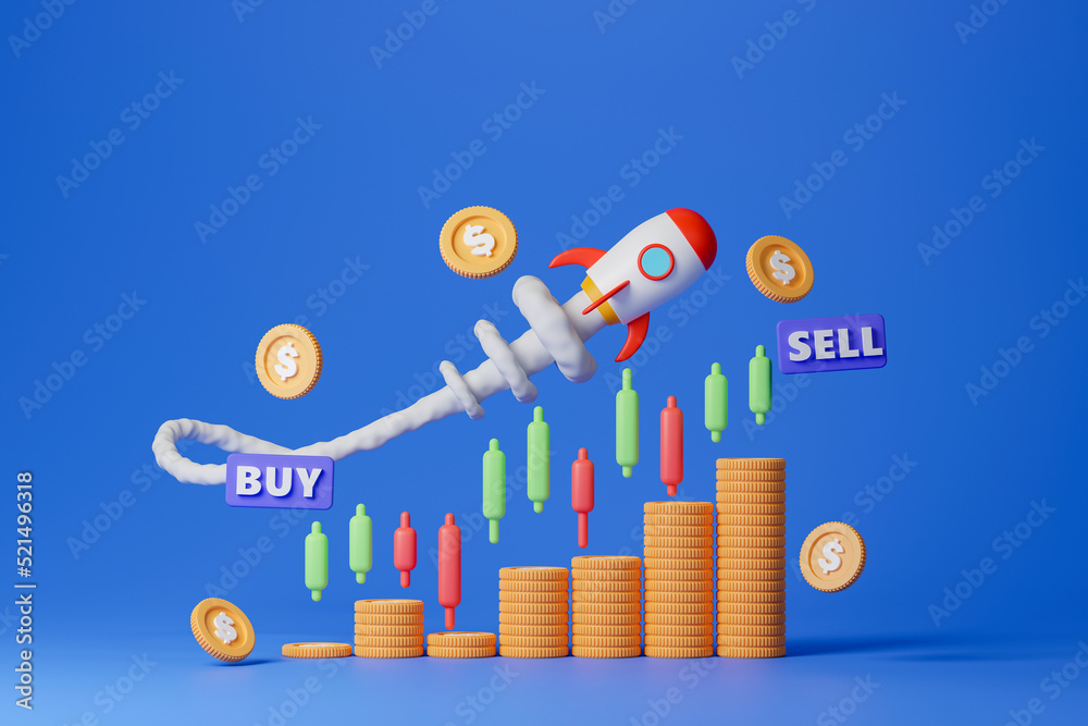 3d render concept stock market trading illustration. Rocket flying ...