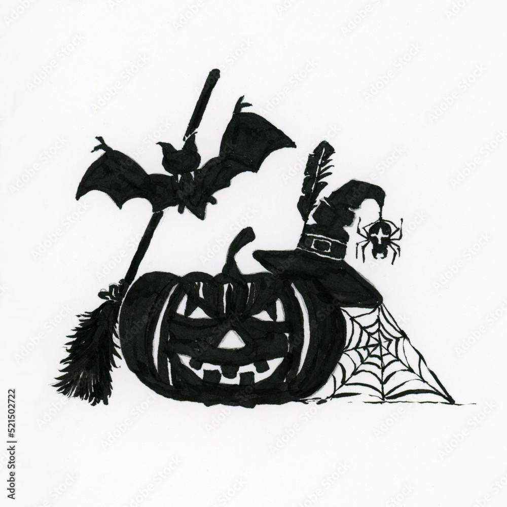 Halloween Drawing with ink on paper. A pumpkin with a witch hat, a ...