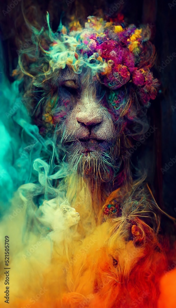 A fantasy lion rastaman with dreadlocks and with colorful colors ...