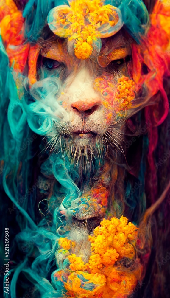 A fantasy lion rastaman with dreadlocks and with colorful colors ...