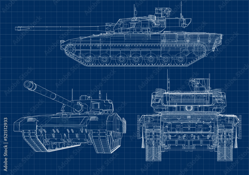 drawing of the tank from different angles depicted in the drawing style ...