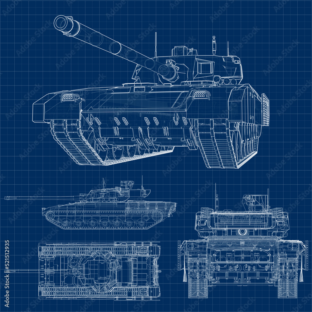 drawing of the tank from different angles depicted in the drawing style ...