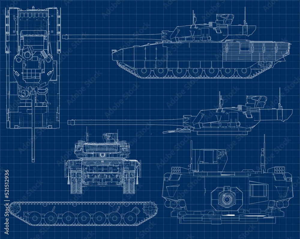 drawing of the tank from different angles depicted in the drawing style ...