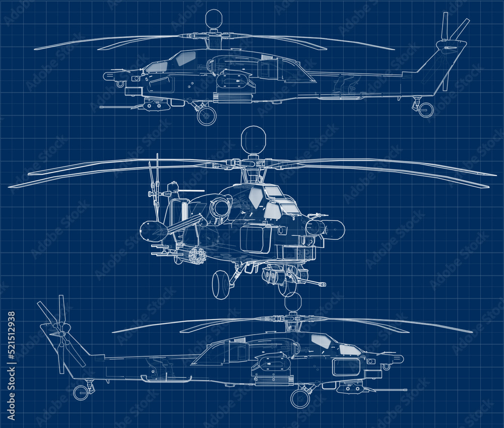 military helicopter stylized as a blueprint Stock イラスト | Adobe Stock