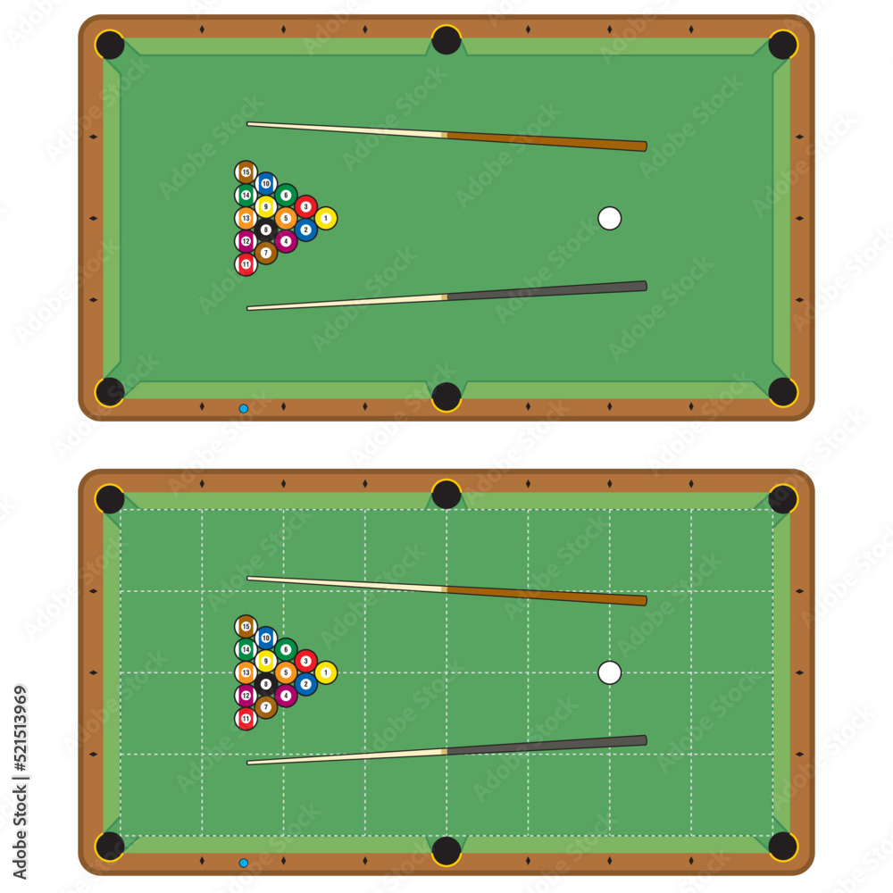 Billiard table, pool stick and billiard balls for game. Pool table with ...