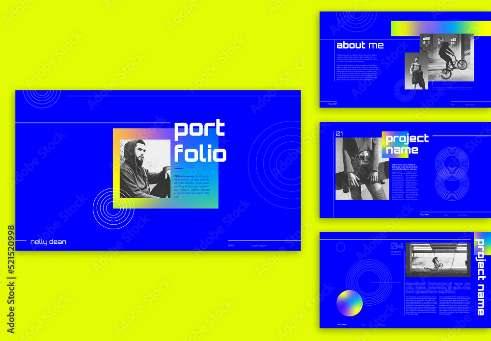 Blue Portfolio Layout with Colorful Gradient Elements Stock Template ...