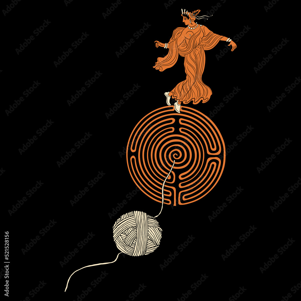Ancient Greek lady dancing on top of a round spiral maze or labyrinth ...