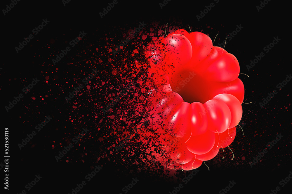 Black background with raspberry illustration with dispersion of the ...