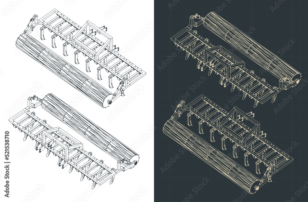 Cultivator with roller isometric blueprints Stock Vector | Adobe Stock