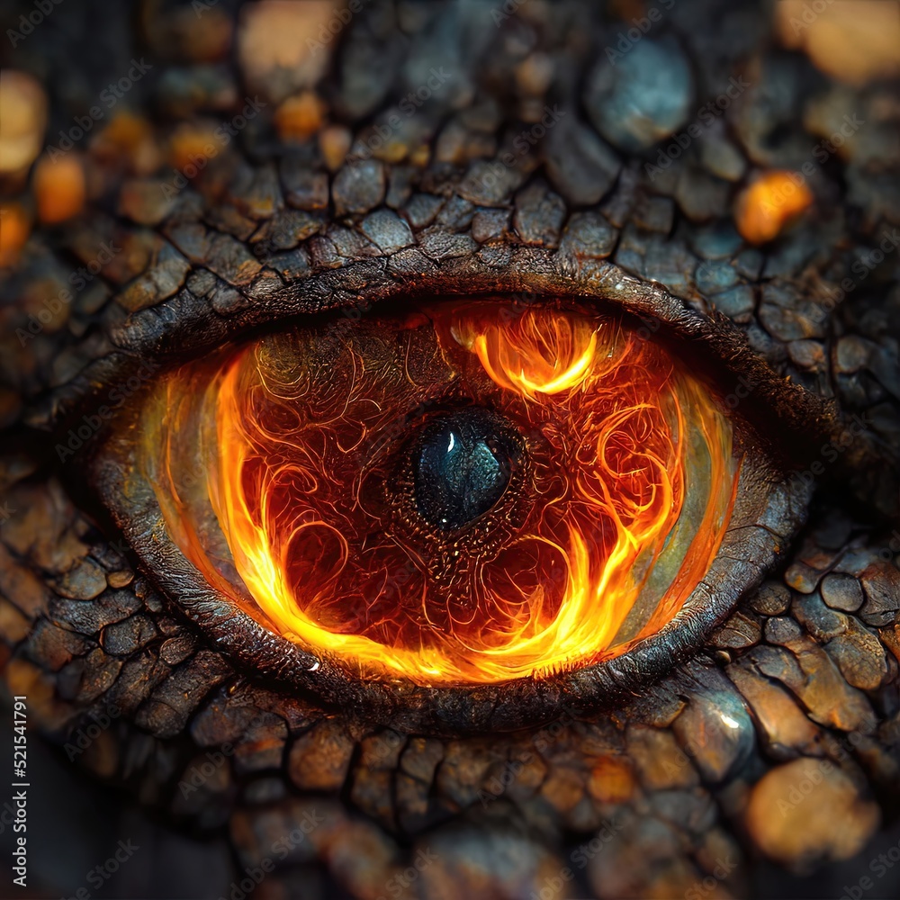 Dragon eye, burning with flames and fire, scales Stock Illustration ...
