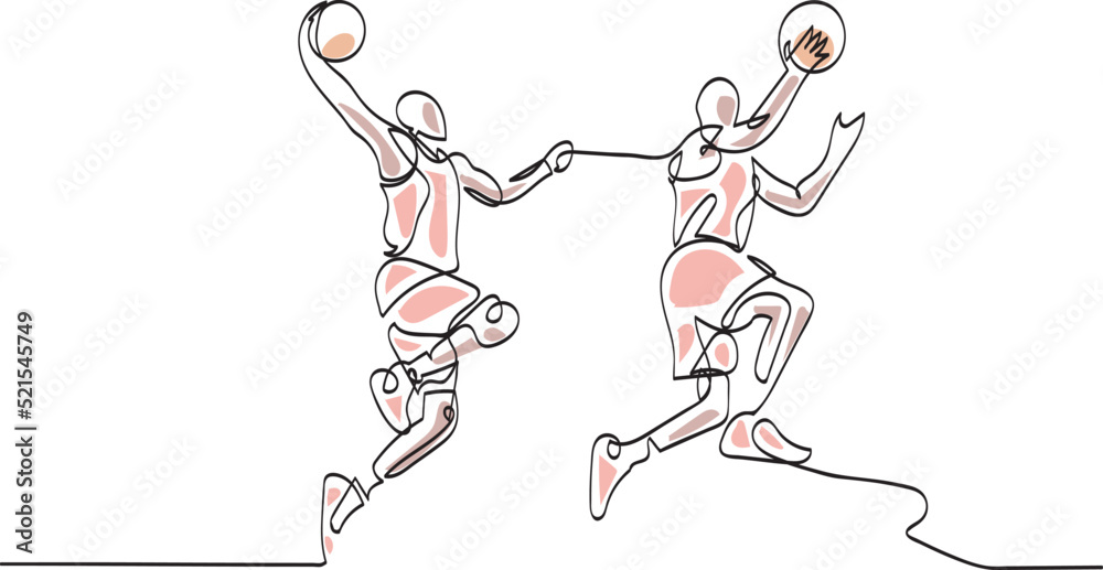 Continuous One Line Art Vector: Basketball layup slam dunk, switching ...