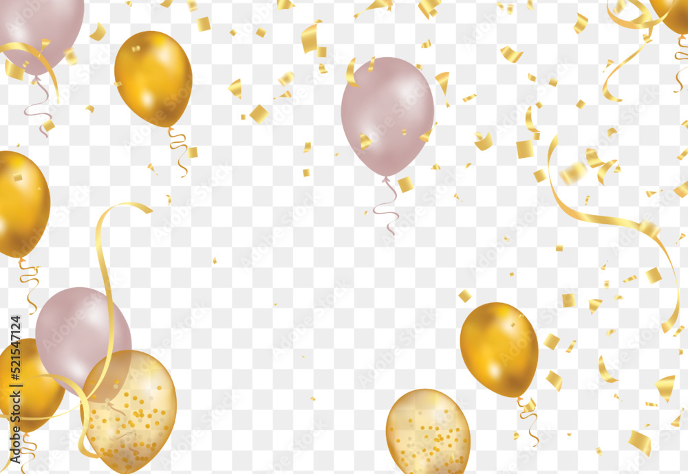 balloons with gold isolated on translucent background with reflection ...
