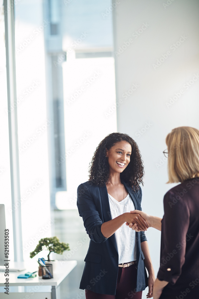 Happy business women shaking hands, meeting and greeting in an office ...