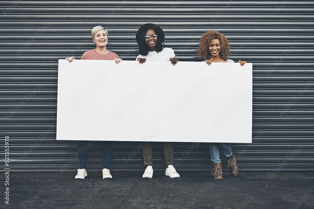 Diverse women holding blank poster, copy space board and placard sign ...