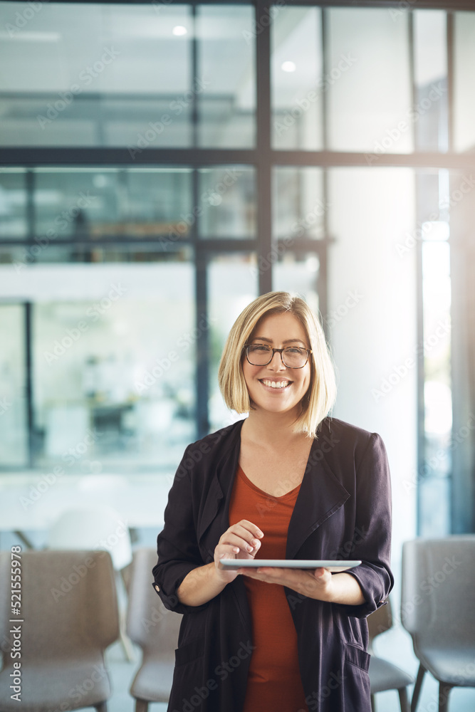 Confident manager, leader or boss typing on a tablet and standing in ...