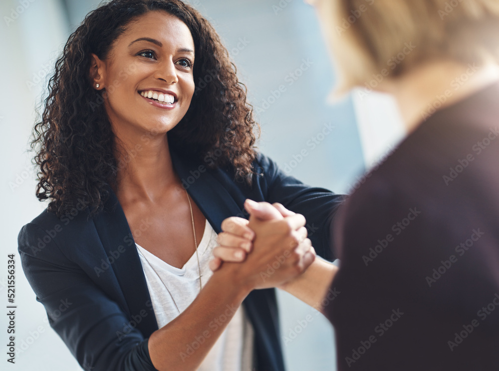 Happy and diverse corporate business women giving handshake, welcoming ...