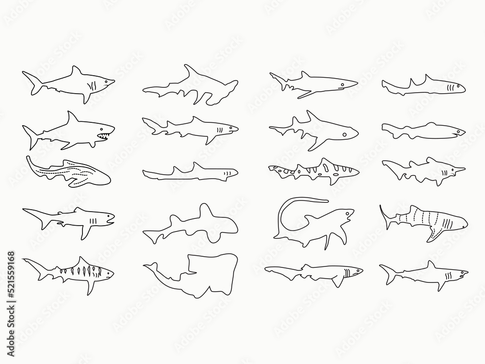 shark outline doodle illustration icon set .shark line art collection ...