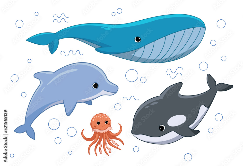 Sea animals set. Collection of representatives of marine and underwater ...