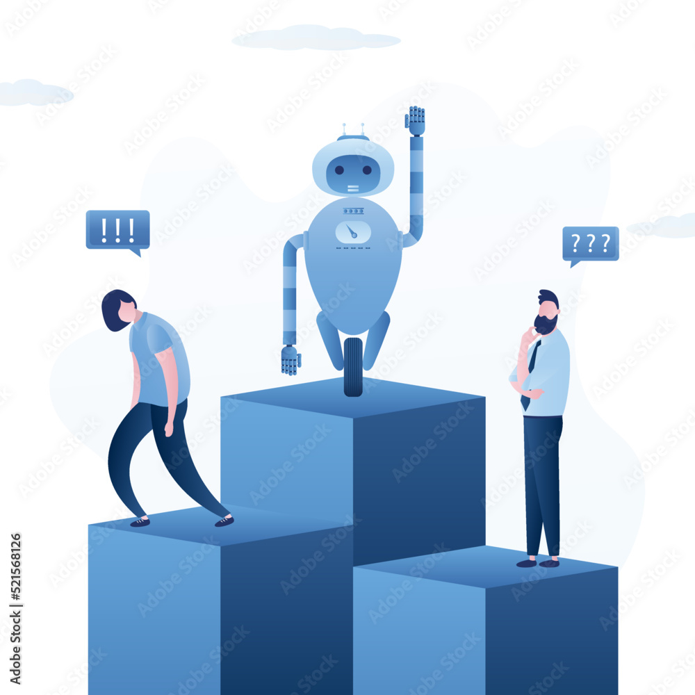Award ceremony. Winner robot stands on podium. Artificial intelligence ...