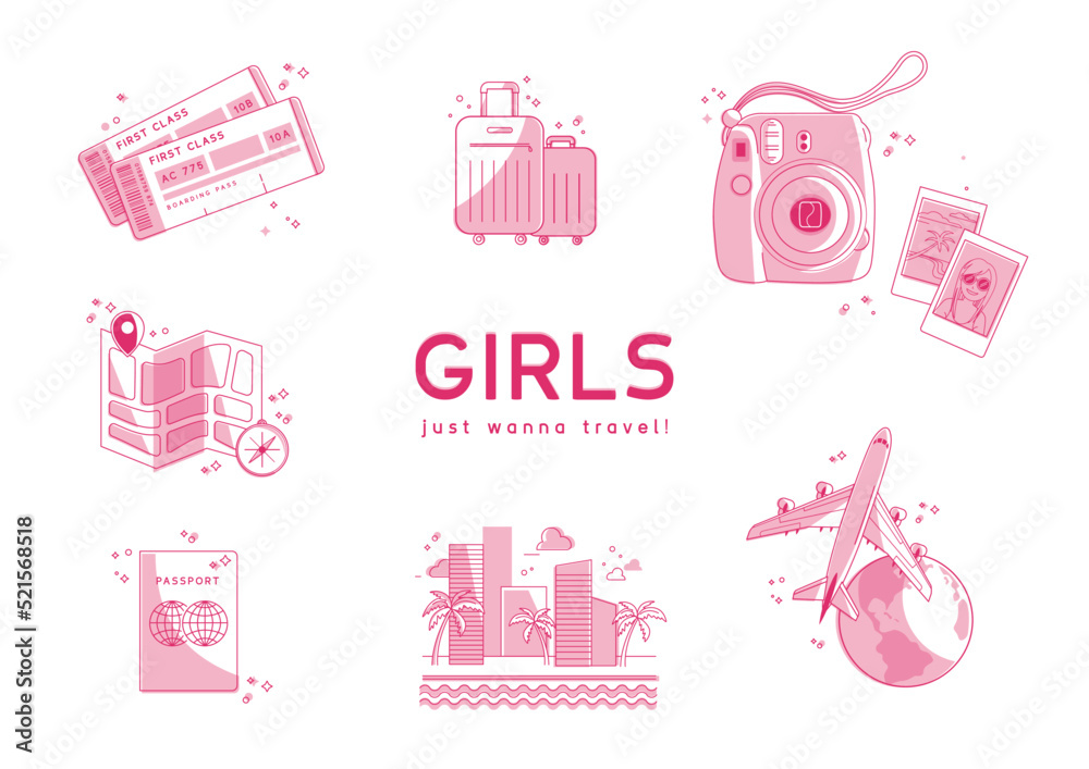 Set of travel icons girly pink vector, suitcase, camera instax ...