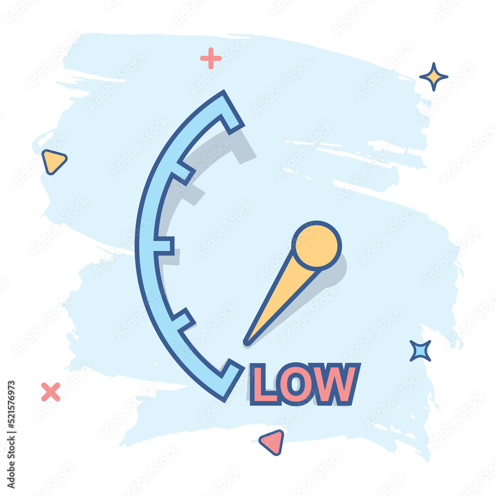 Cartoon low level icon in comic style. Speedometer, tachometer sign ...