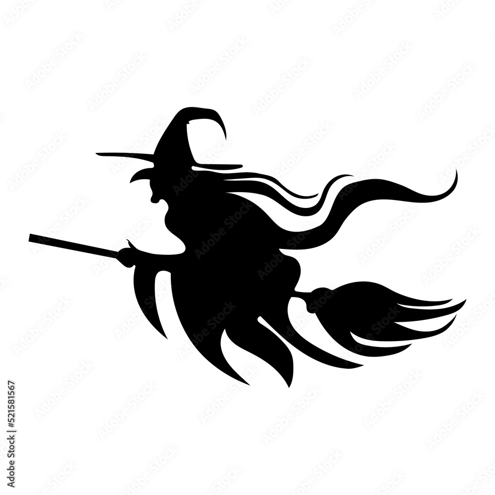 Halloween witch on a flying broom white background, witch shadow Stock ...