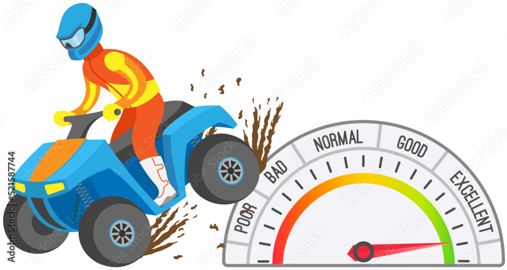 Speedometer and biker on quad bike, car speed control. Tachometer with ...