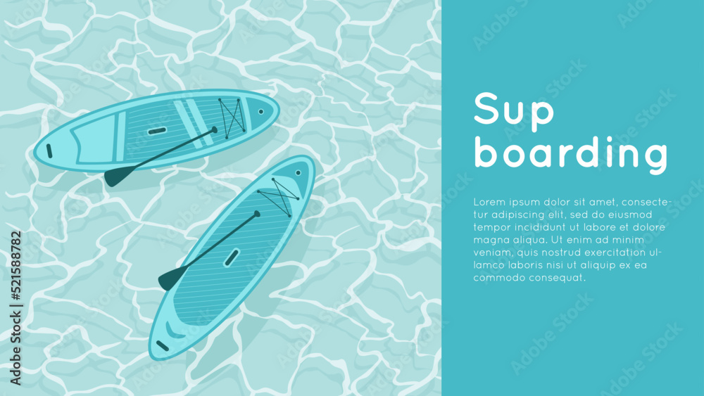Sup board on water surface. Banner template. Surfboards set with paddle ...