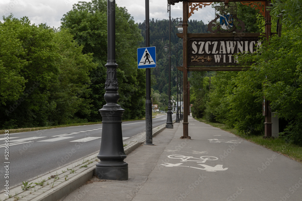 Entrance sign to Szczawnica village, popular Polish town, well-known ...