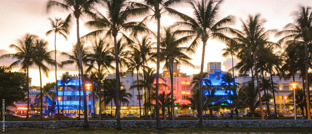 Miami Beach, colorful Art Deco District at night. Miami Beach Ocean ...