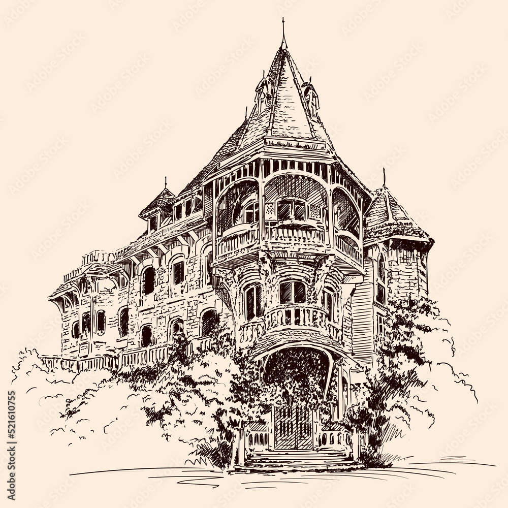 An old country stone house with a garden. Front entrance to the ...