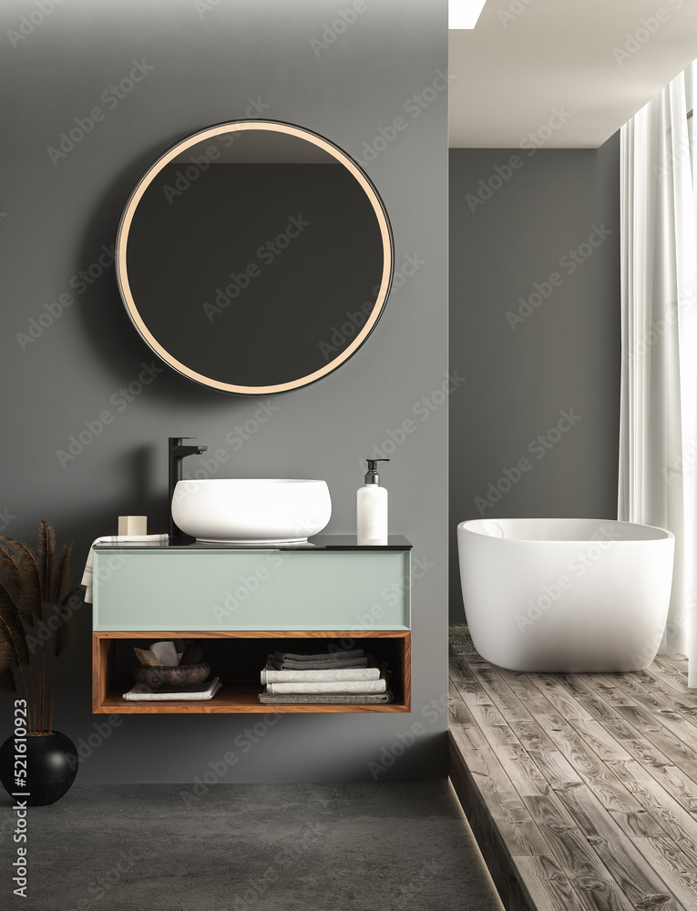 Modern bathroom interior with concrete flooring, white bathtub and ...