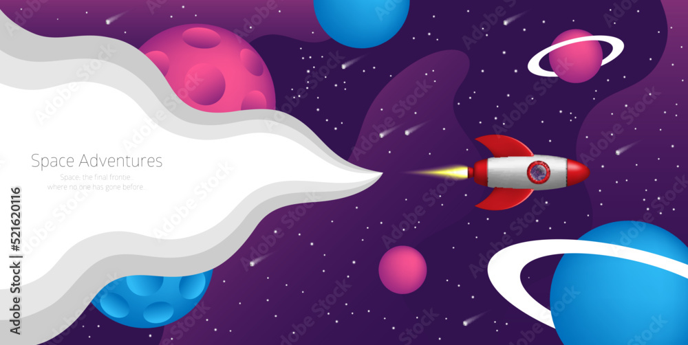 Space background with rocket. Galaxy and universe space cartoon poster ...