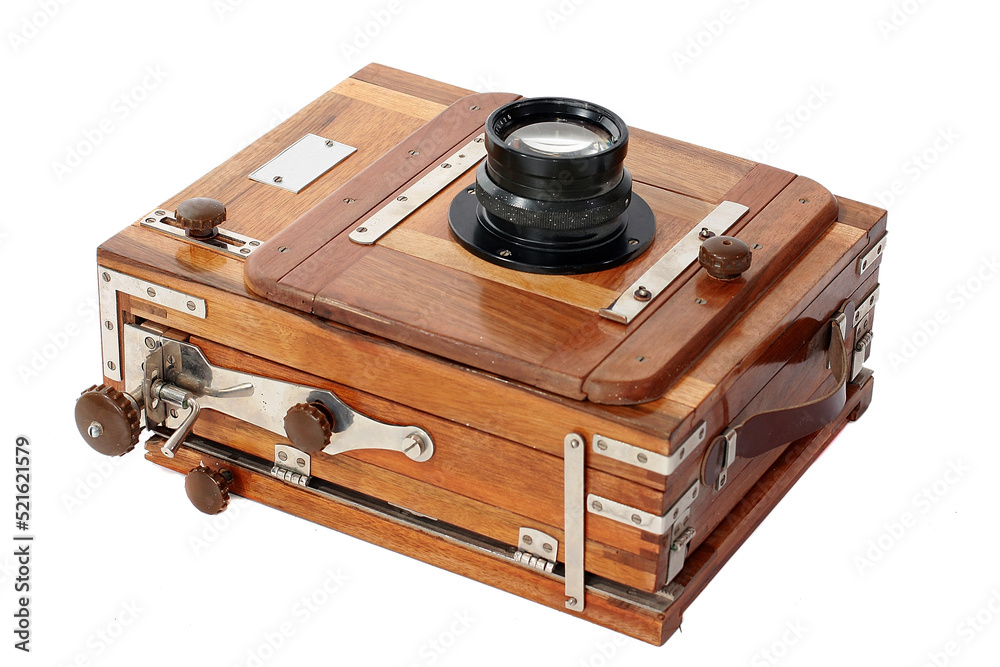 Old antique vintage black camera the 19th century isolated on white ...