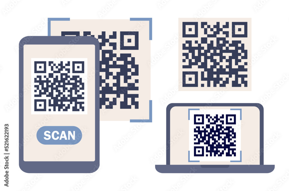 QR code icon set. Phone and laptop with qr code on screen. Scanning ...