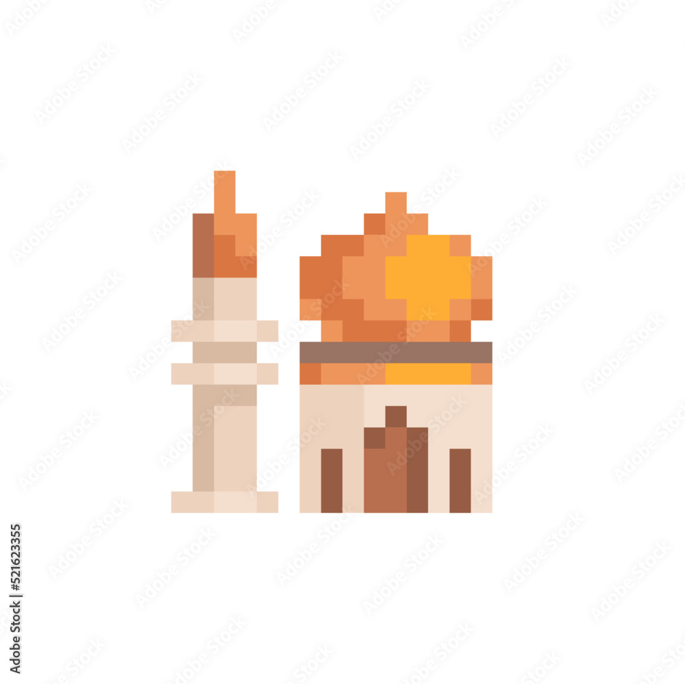 Mosque architecture landmark. Pixel art style icon. Indian temple ...
