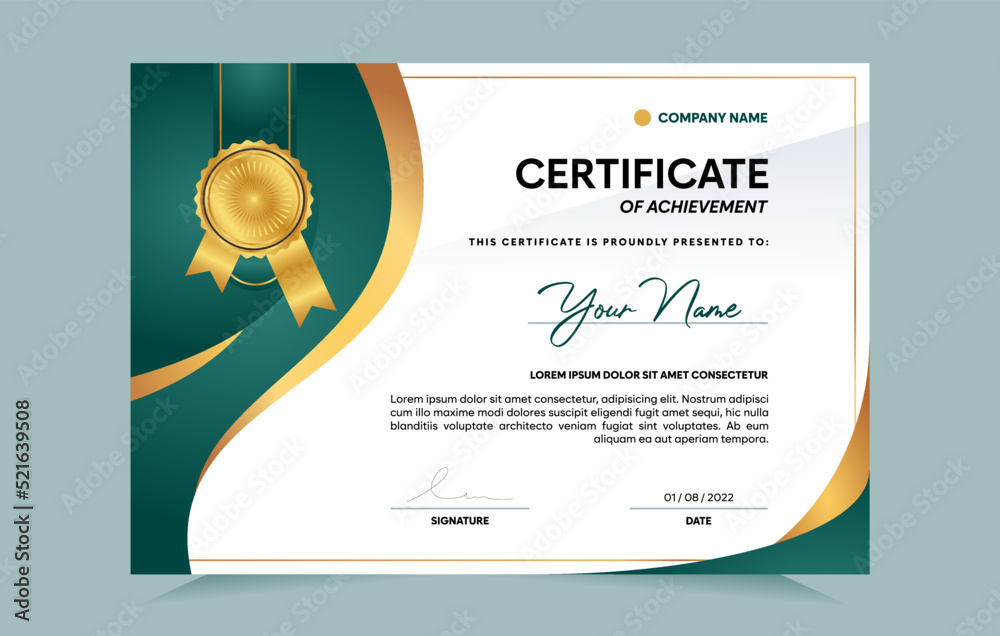 Green and gold certificate of achievement template set with gold badge ...