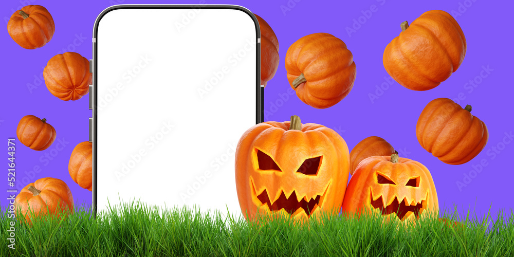 Halloween mock up. Phone with white screen. Halloween pumpkins in front ...