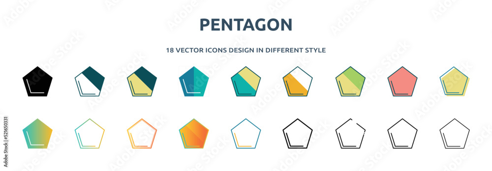 pentagon icon in 18 different styles such as thin line, thick line, two ...