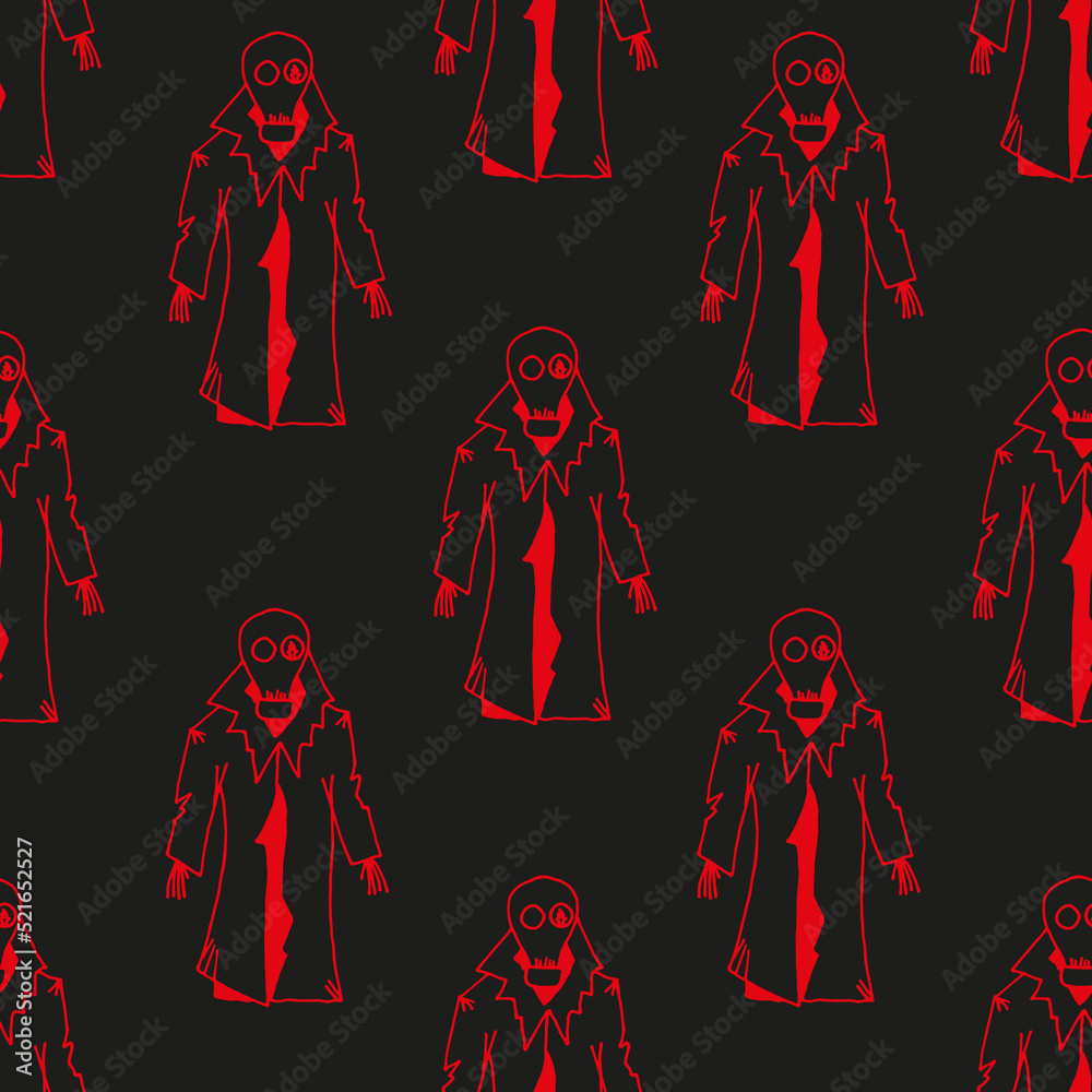 Halloween seamless scary man in a torn raincoat and a gas mask with a ...